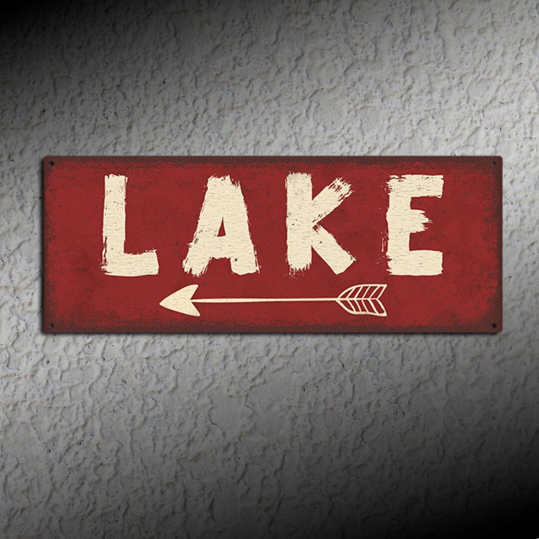 Lake Sign Red With Arrow Pointing Left • Rustic Looking Aluminum Sign ...