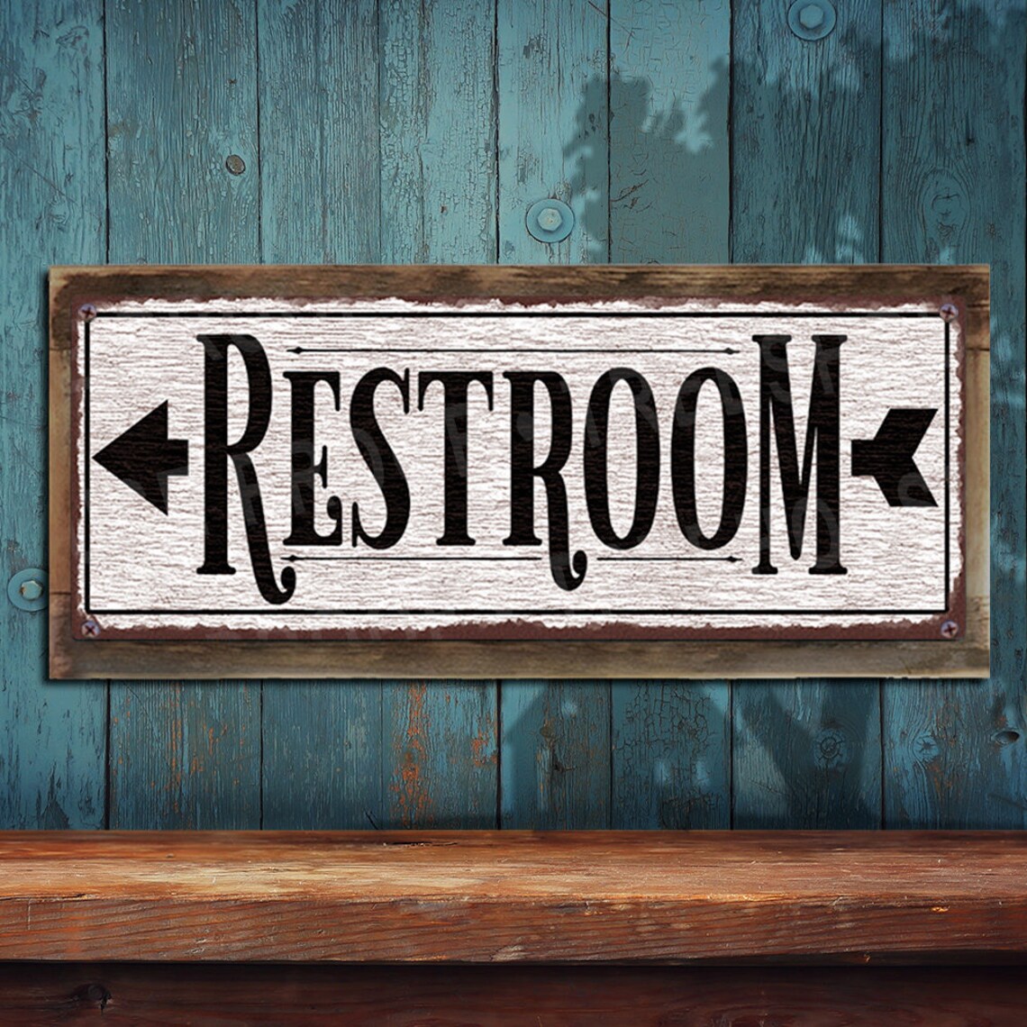 Restroom Metal Sign With Arrow Pointing Left - Rustic Looking Color ...