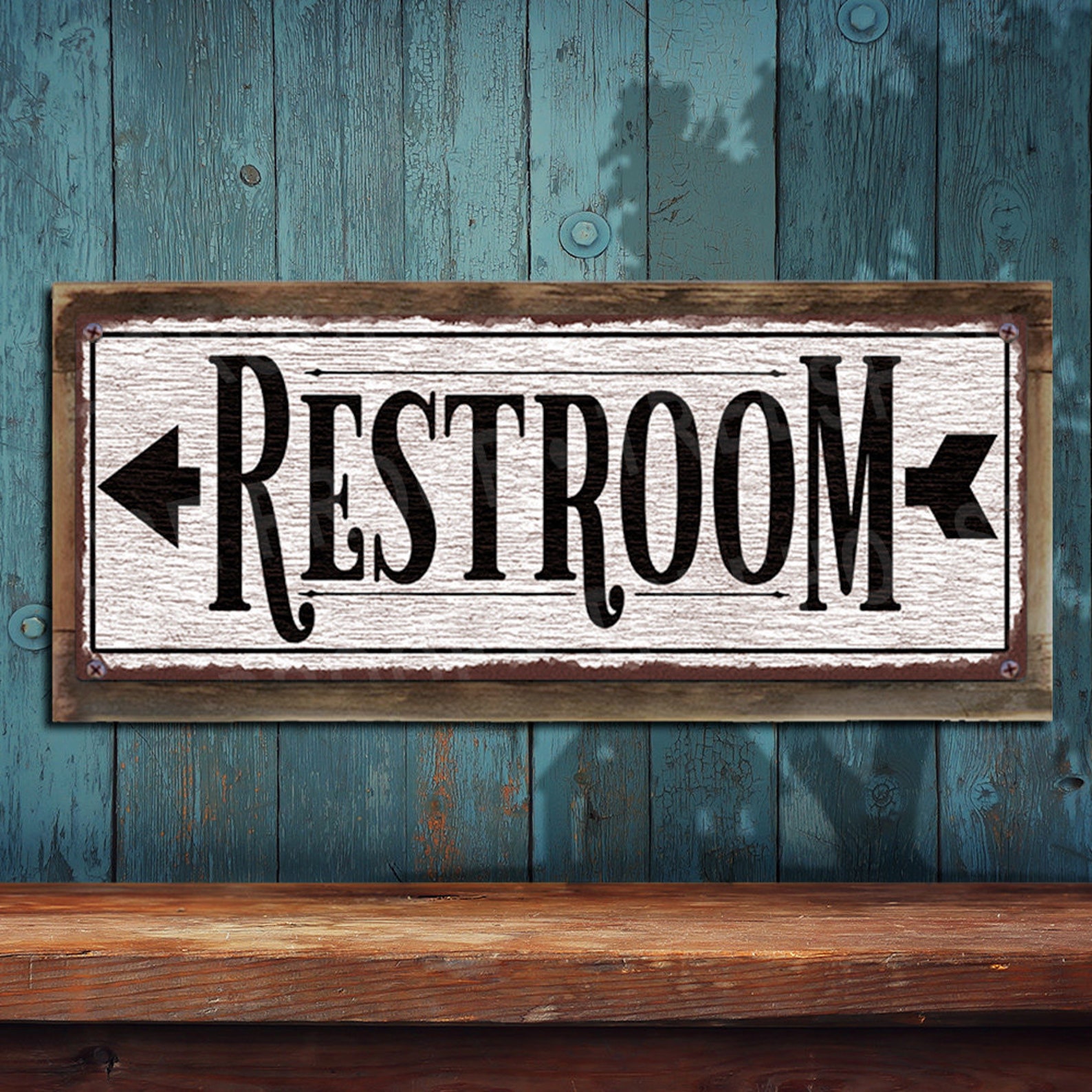 Restroom Sign With Arrow Pointing Left Distressed White • Rustic ...