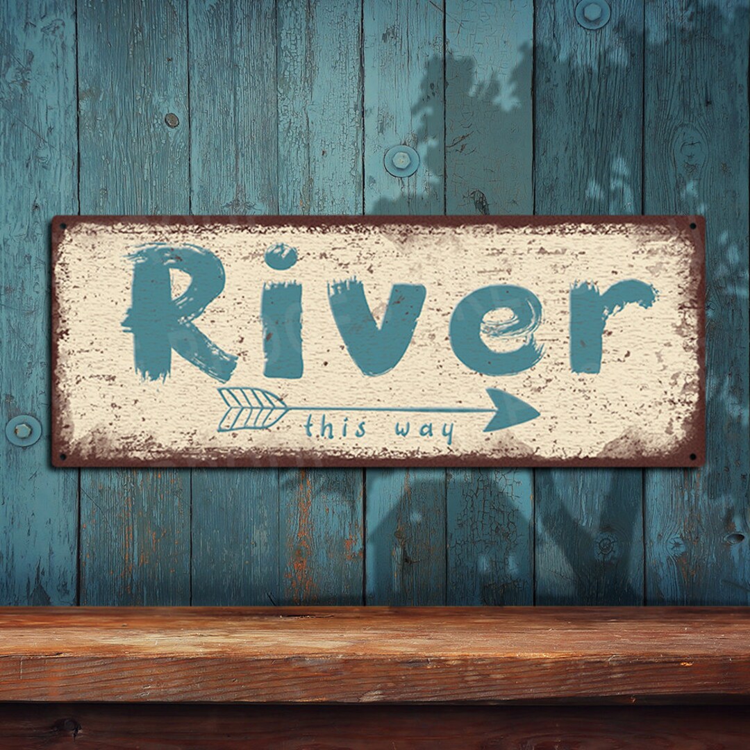 River This Way Antique White Metal Sign • Right Facing Arrow • Rustic ...