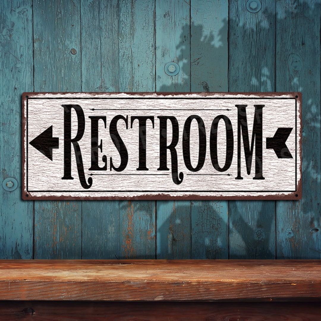 Restroom Sign With Arrow Pointing Left Distressed White • Rustic ...
