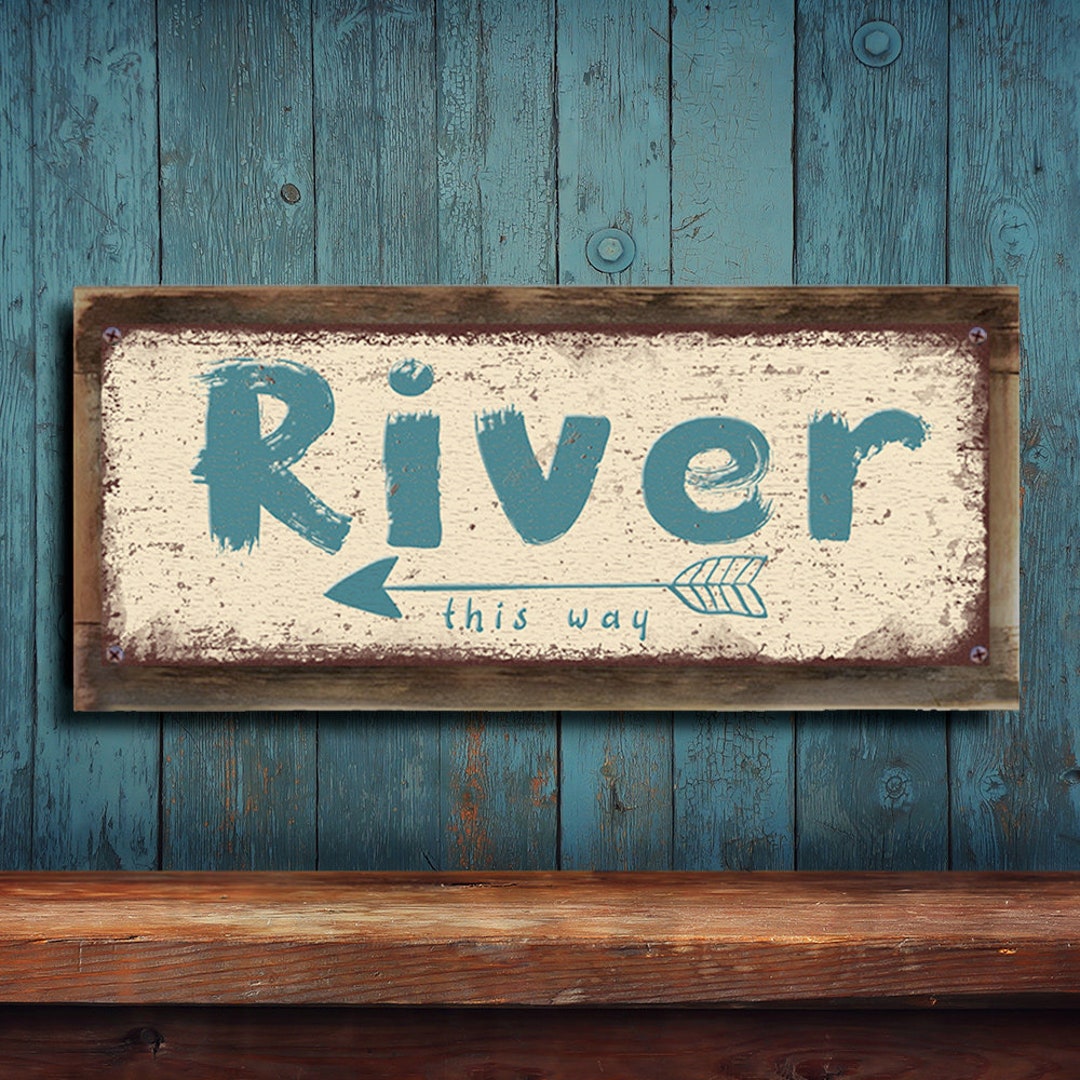 River This Way Antique White Metal Sign • Left Facing Arrow • Rustic ...