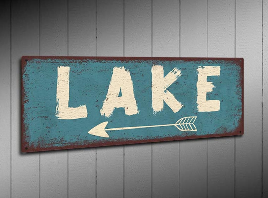 Lake Sign With Arrow Pointing Left - Rustic Looking Aluminum Sign ...