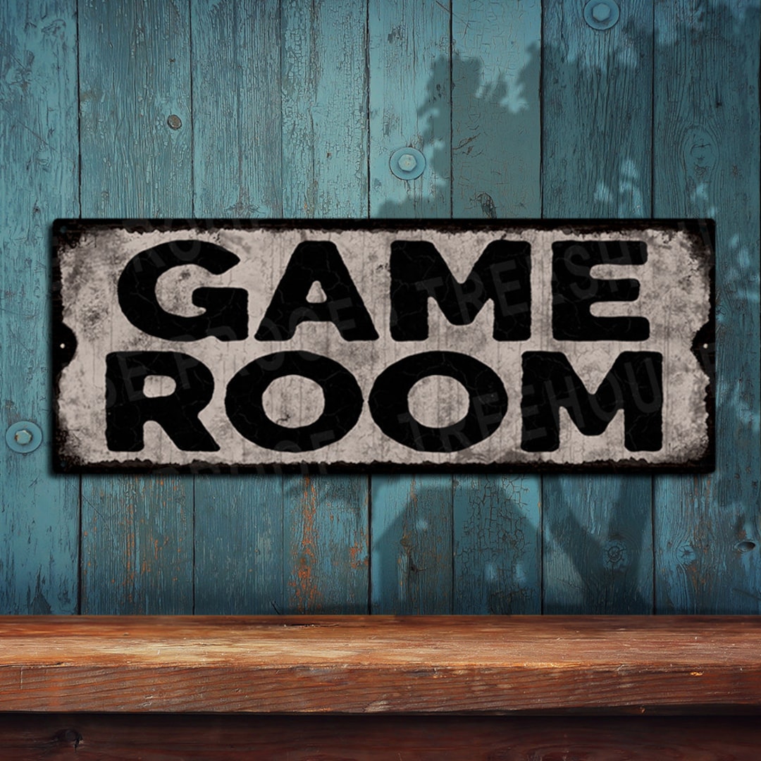 Game Room Sign • Distressed Looking Antiqued White • Rustic Metal Sign ...