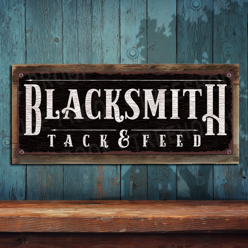 Blacksmith Tack & Feed Black Metal Sign - Rustic Looking - Color ...