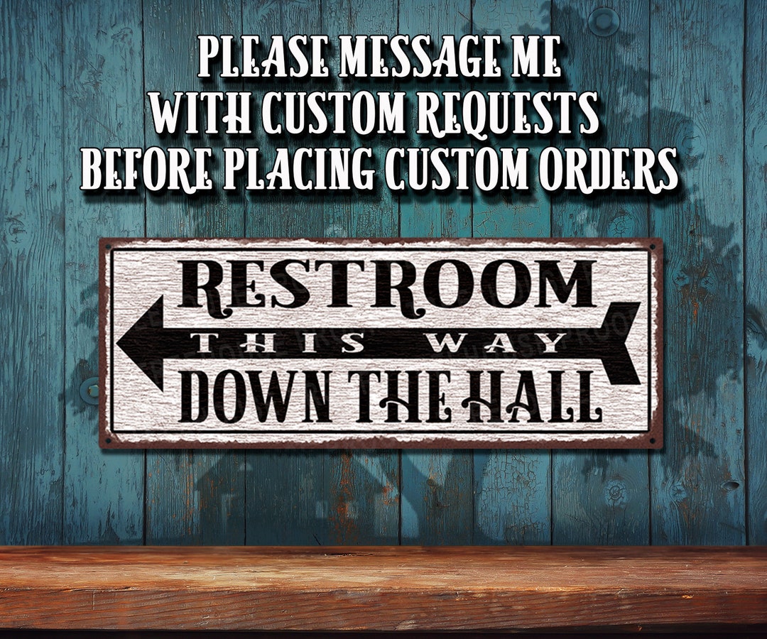 Restroom Down the Hall This Way • Arrow Pointing Left White Distressed ...
