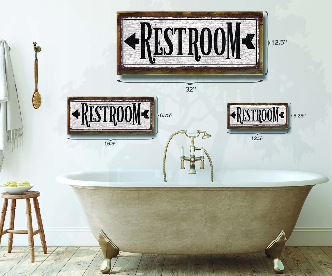 Restroom Sign With Arrow Pointing Left Distressed White • Rustic ...