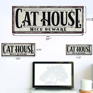 Cat House Mice Beware Metal Sign - White Rustic Looking Aluminum Sign ...
