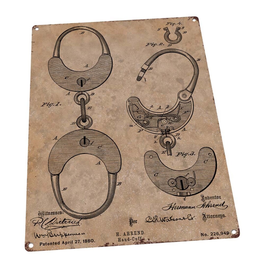 Vintage 1880 Handcuff Patent Art Metal Sign: Rustic Looking Print on ...
