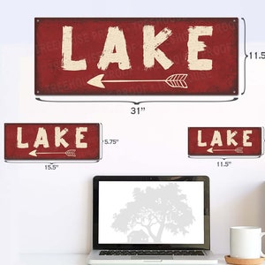 Lake Sign Red With Arrow Pointing Left • Rustic Looking Aluminum Sign ...