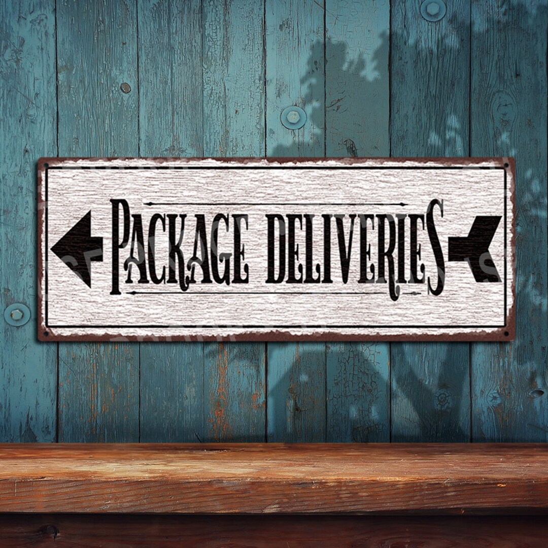 Package Deliveries W Arrow Pointing Left Metal Sign - White Rustic ...