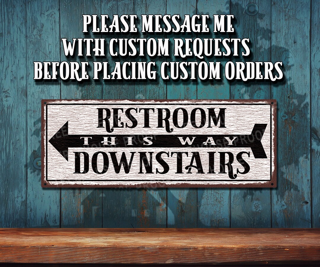 Restroom Downstairs This Way Metal: Arrow Pointing Left White • Rustic ...