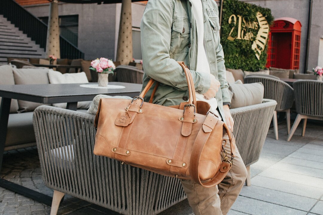 Personalized Leather Duffle Bag, Light Brown Weekender Bag, Handmade ...