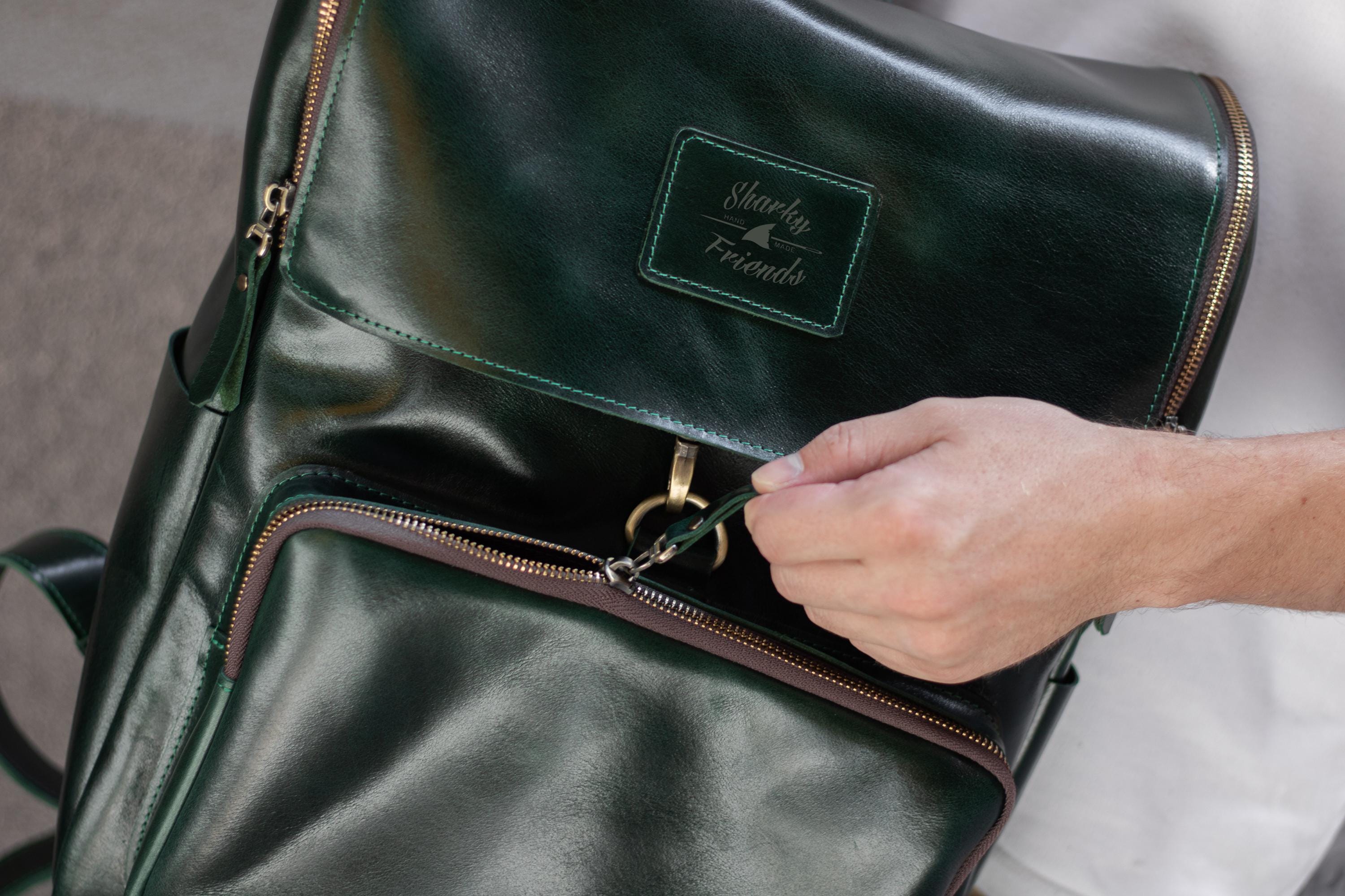 Custom Men's Leather Backpack, Groomsmen Gift, Green Travel Bag, Laptop ...