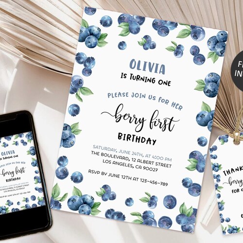 Editable Blueberry Birthday Invitation First Birthday Berry - Etsy
