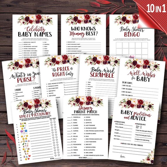 Marsala Baby Shower Games Bundle Burgundy Floral Baby Shower | Etsy