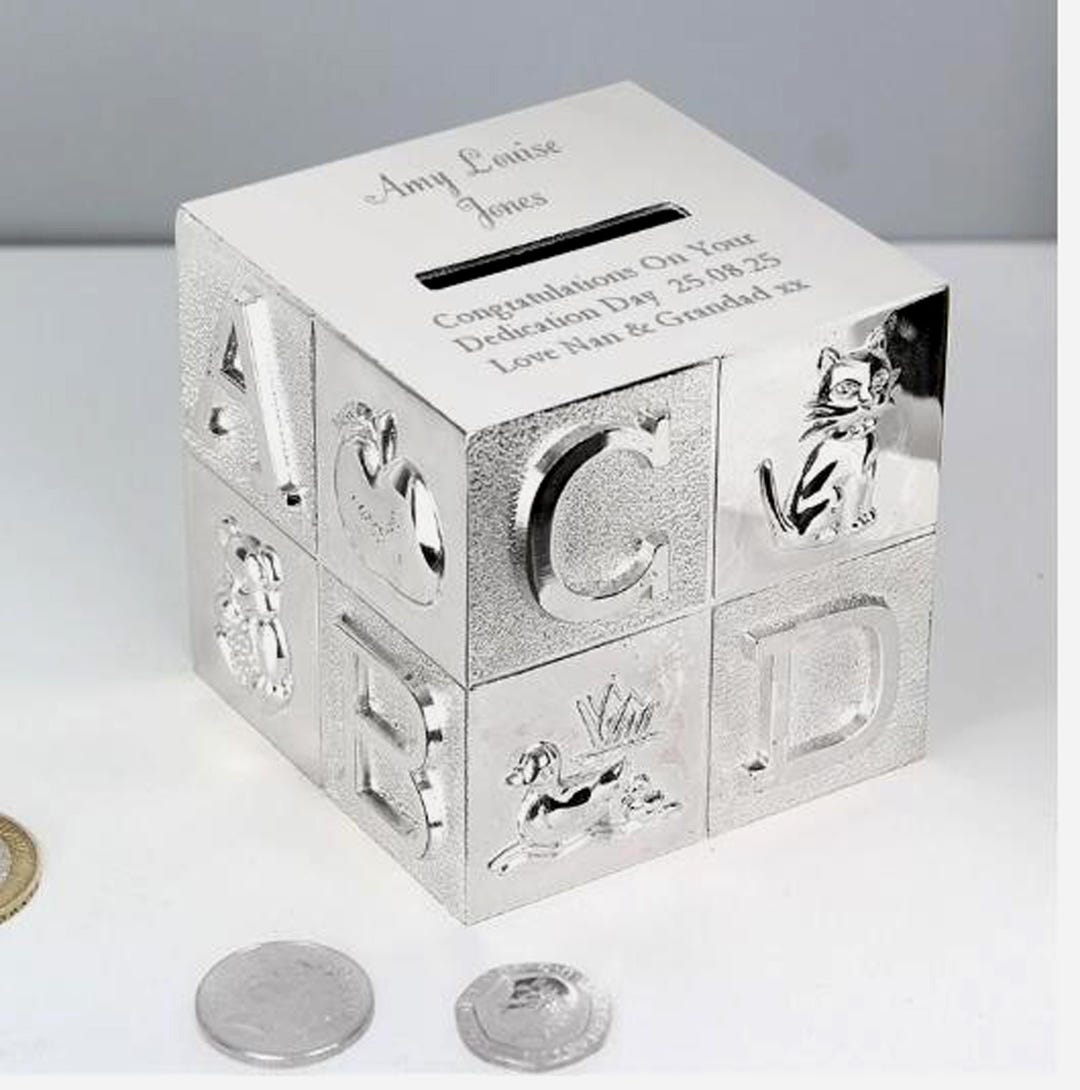 Dedication Day ABC Money Box Silver Finished Personalized Gift Baby Boy ...