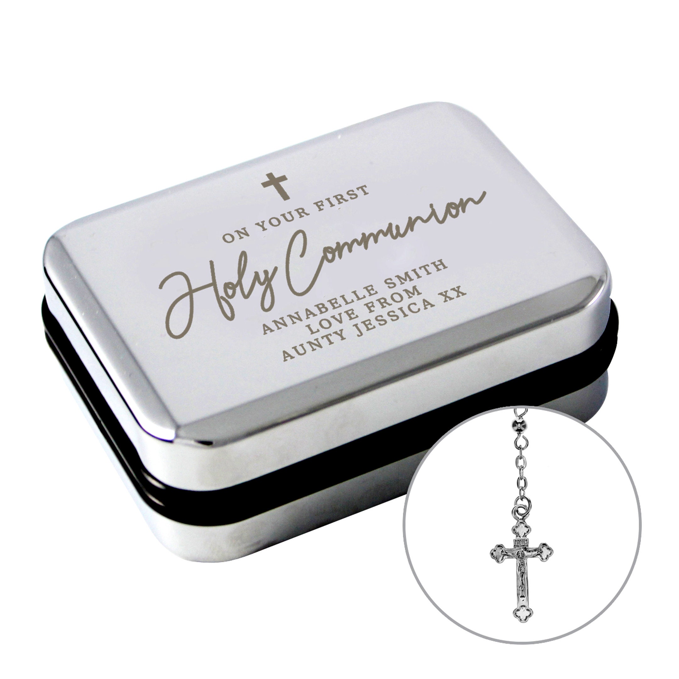 1st Holy Communion Personalized Gift Cross Trinket Box & Rosary Beads ...