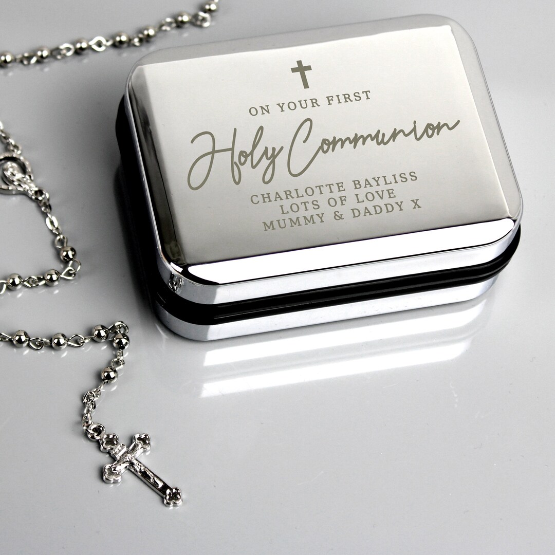 1st Holy Communion Personalized Gift Cross Trinket Box & Rosary Beads ...
