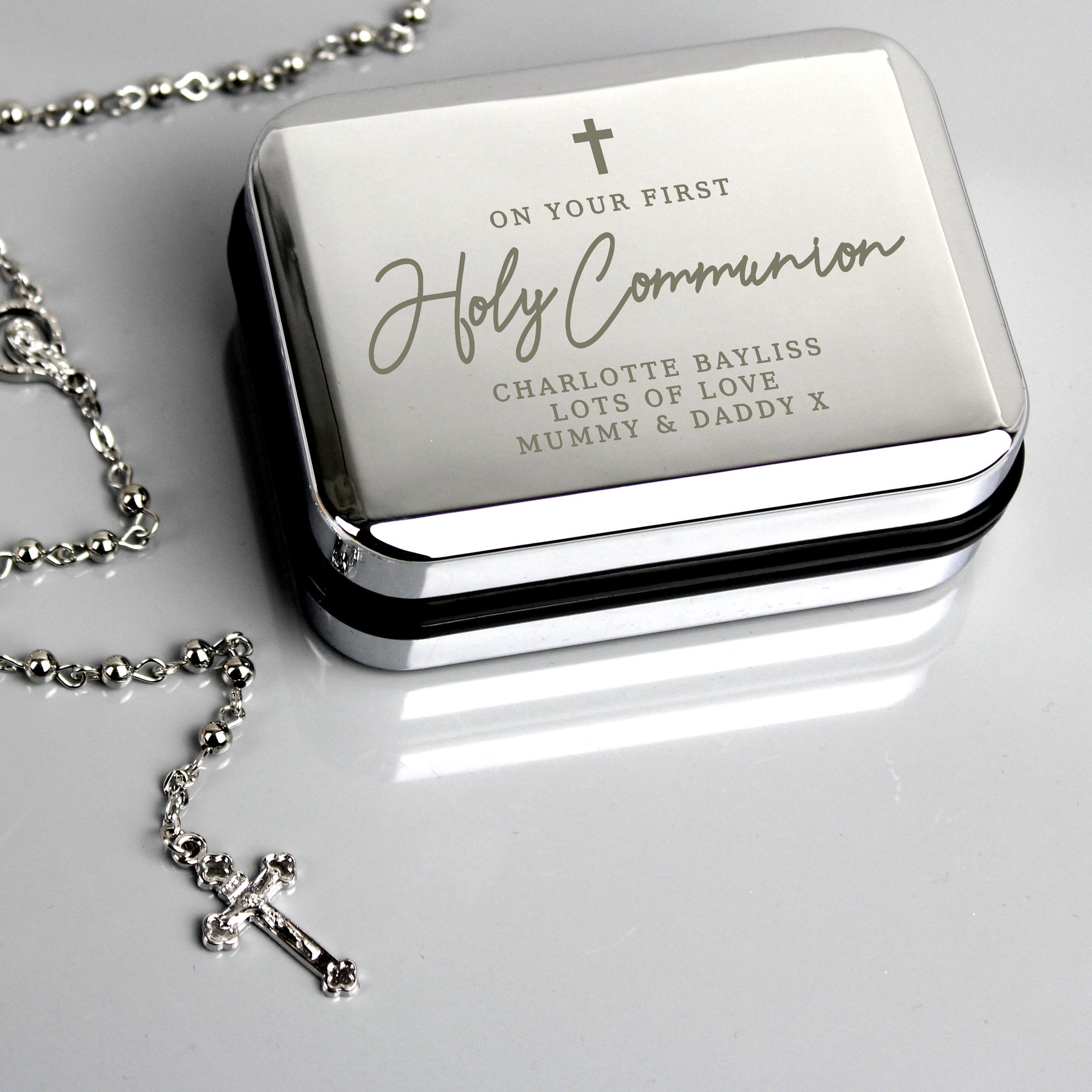 1st Holy Communion Personalized Gift Cross Trinket Box & Rosary Beads ...