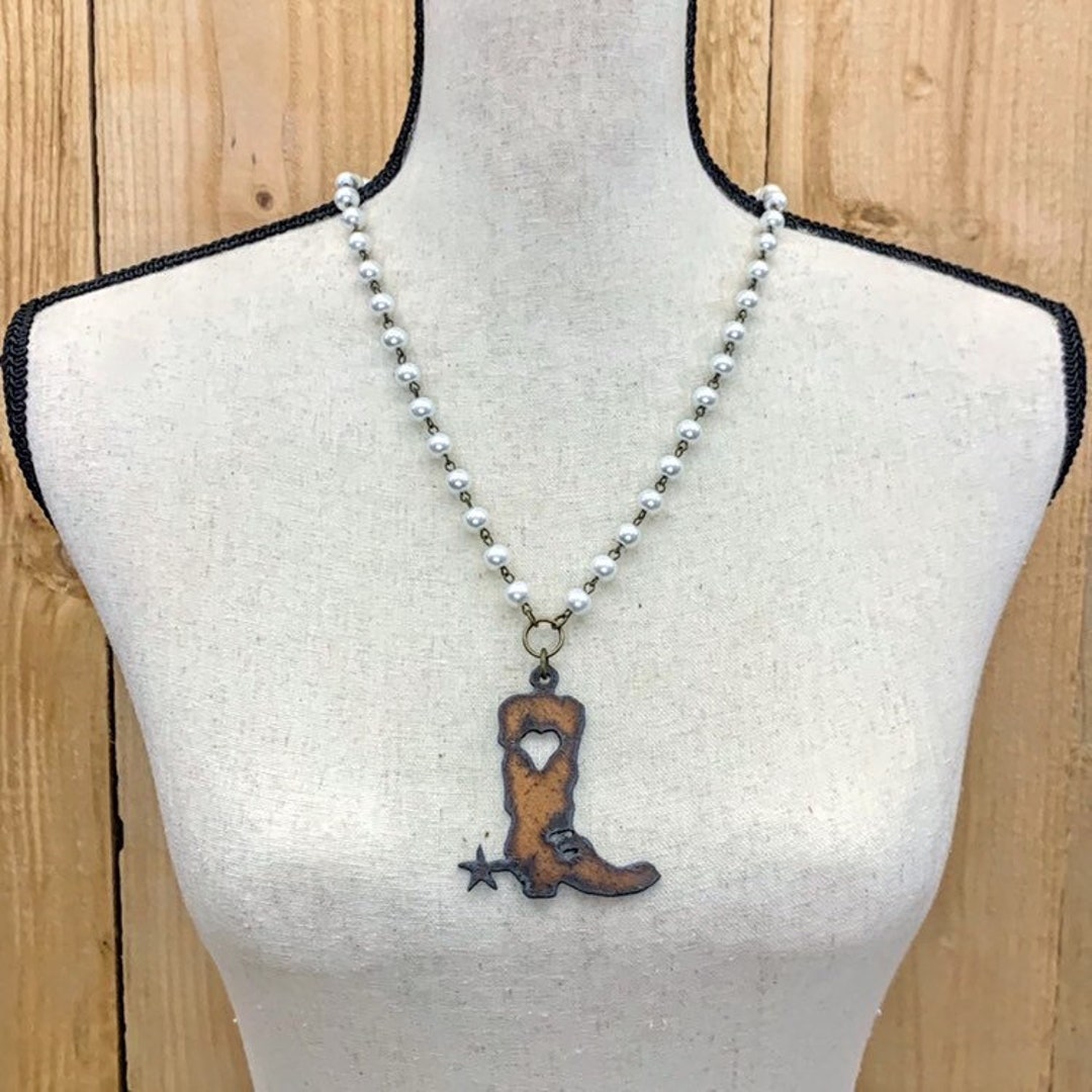 Heart Cowgirl Boot Necklace on Pearl Chain, Western Wedding Jewelry ...