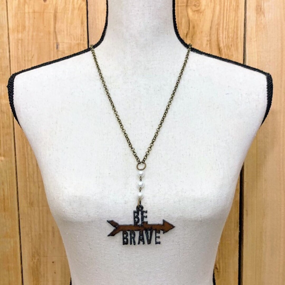 Vintage BE BRAVE Inspiration Arrow Necklace With Pearl Chain Connector ...
