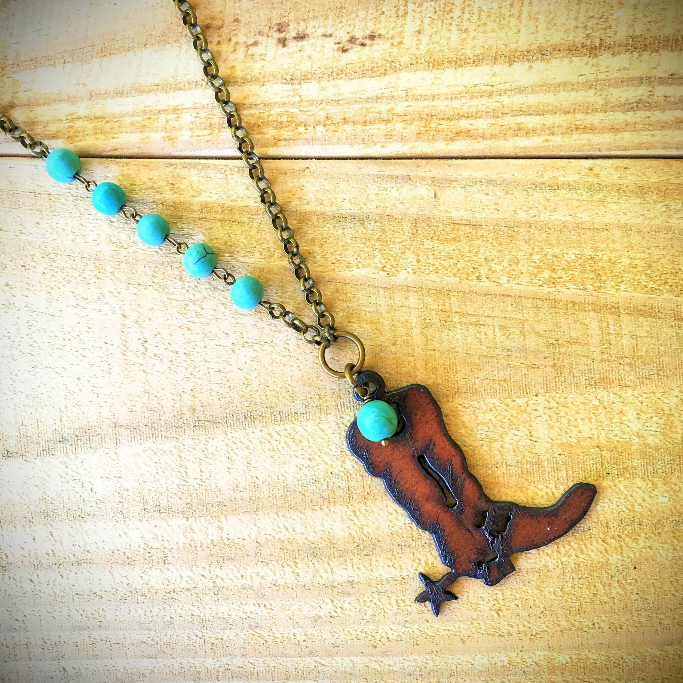 Natural Aged Cowboy Boot Necklace With Turquoise Beads | Etsy