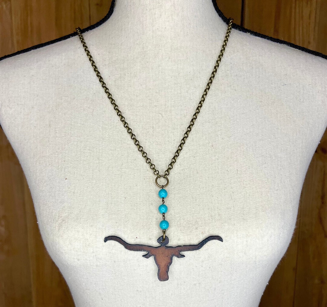 Longhorn Pendant Necklace, Turquoise Chain Accent, Steer Jewelry ...