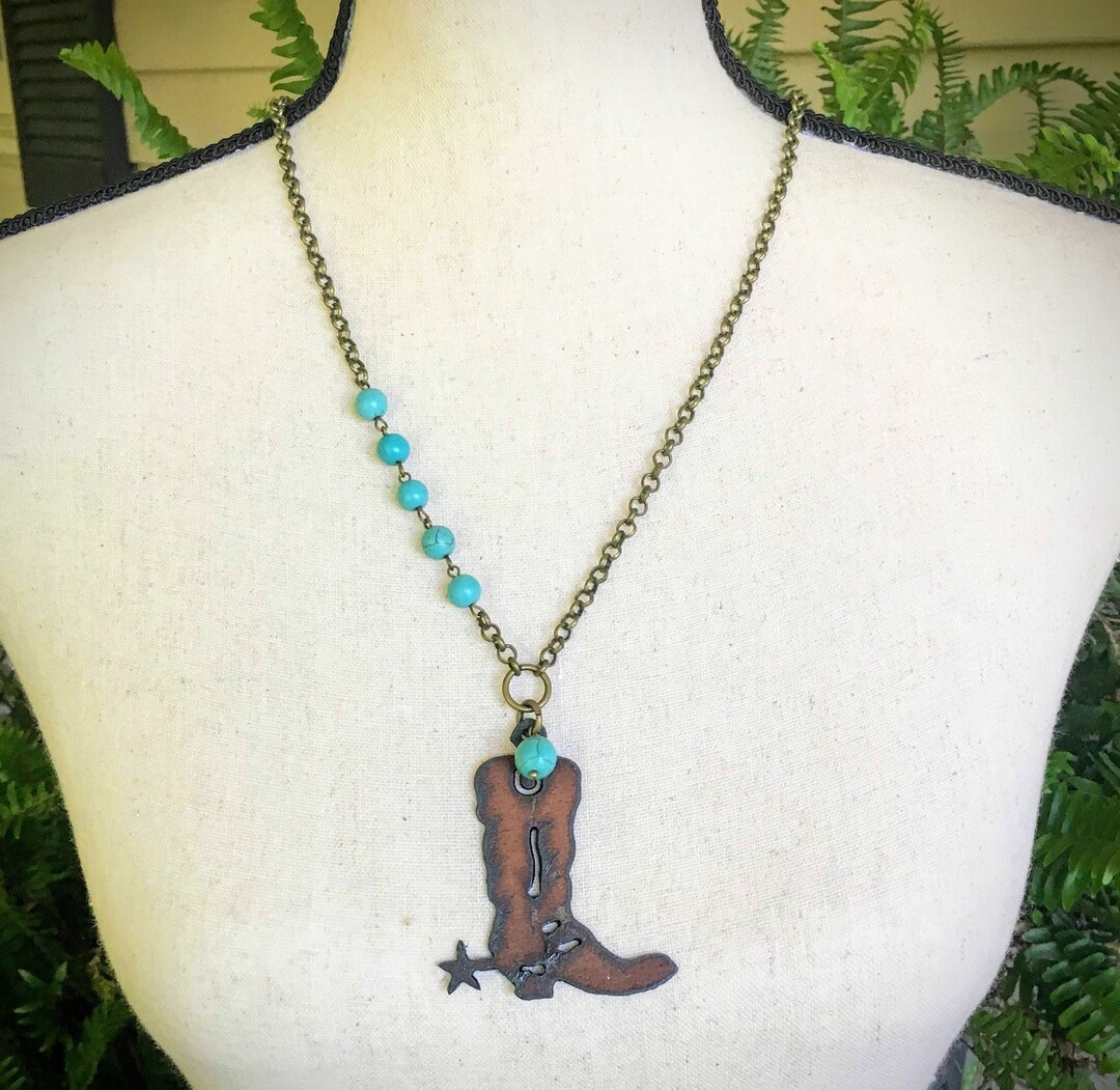 Cowboy Boot Necklace With Turquoise Bead Chain, Cowgirl, Western ...