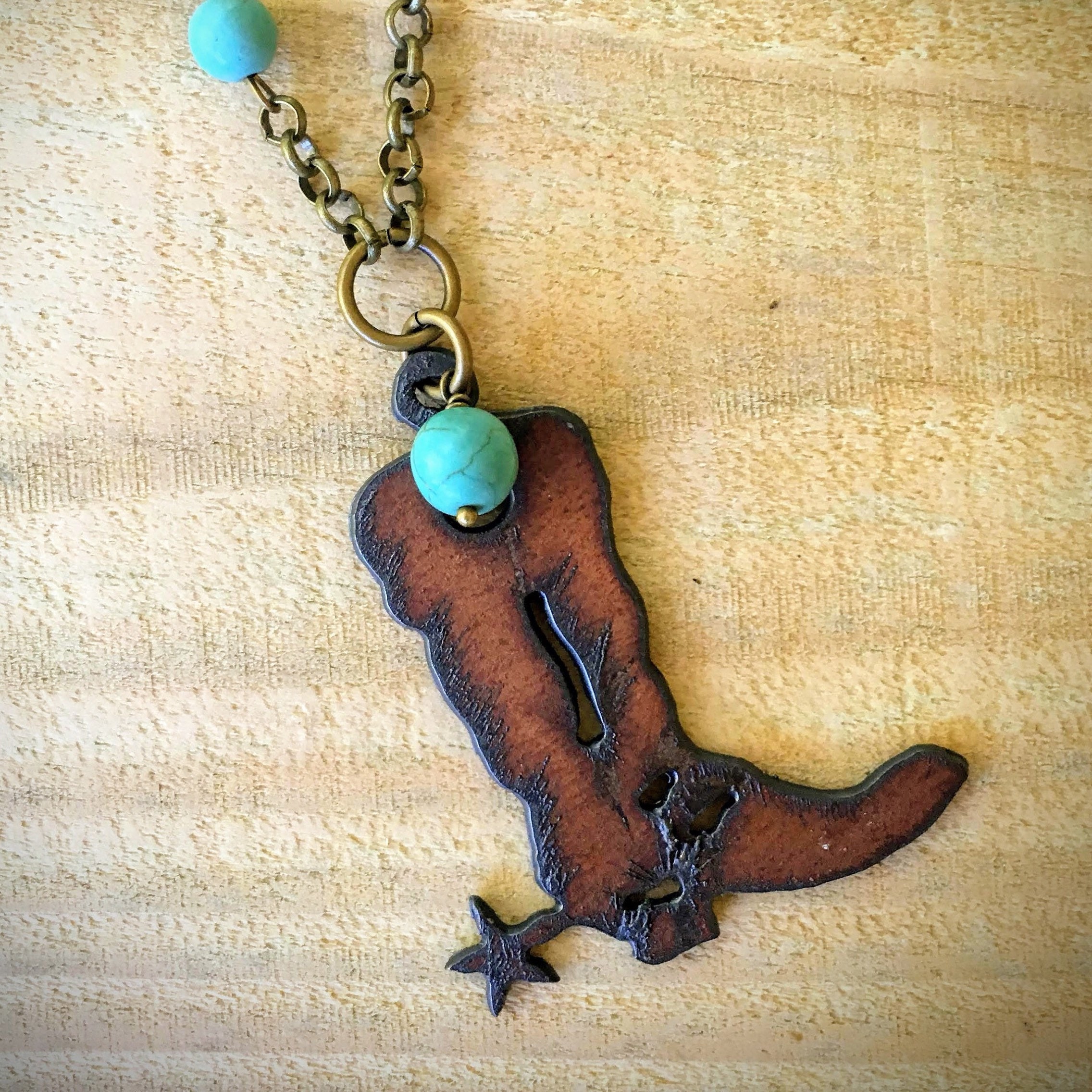 Natural Aged Cowboy Boot Necklace With Turquoise Beads | Etsy