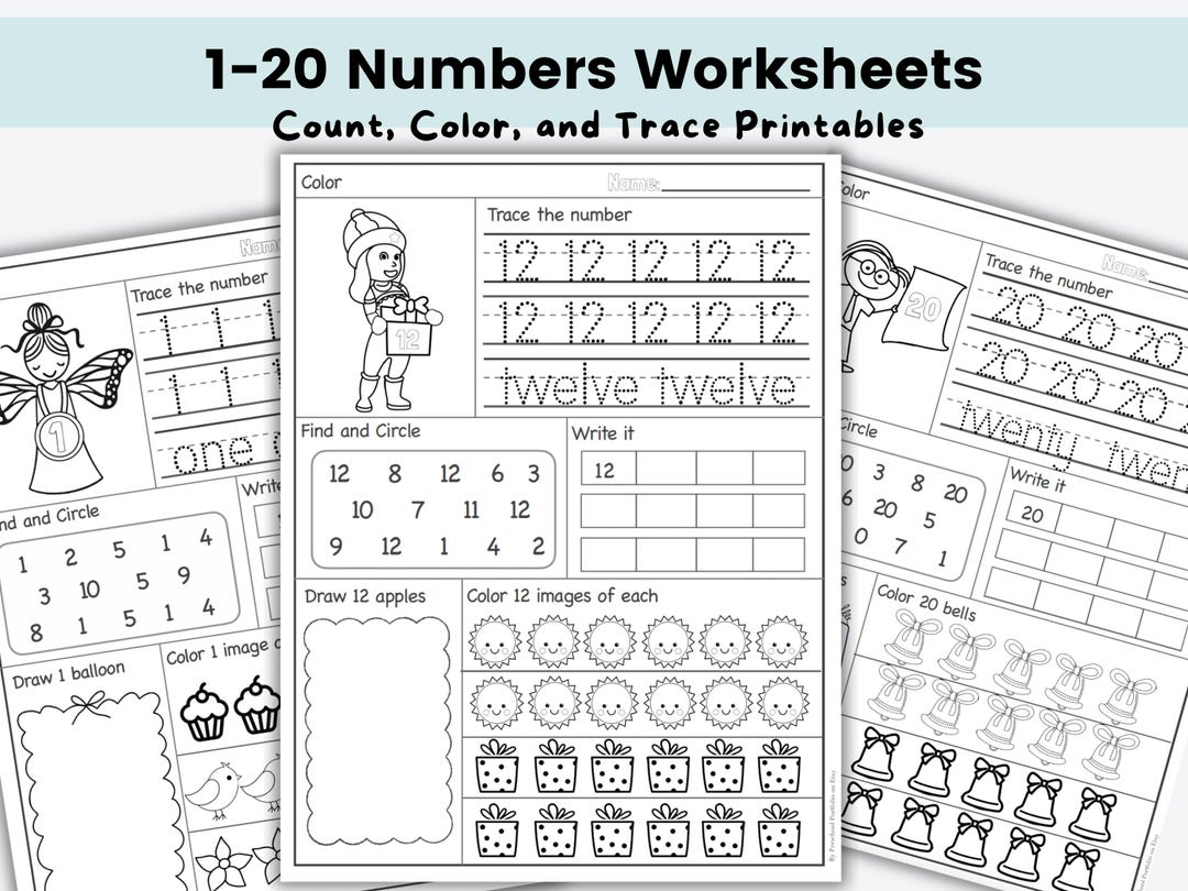Numbers Count Worksheet 1-20, Color and Trace, Preschool Printable ...