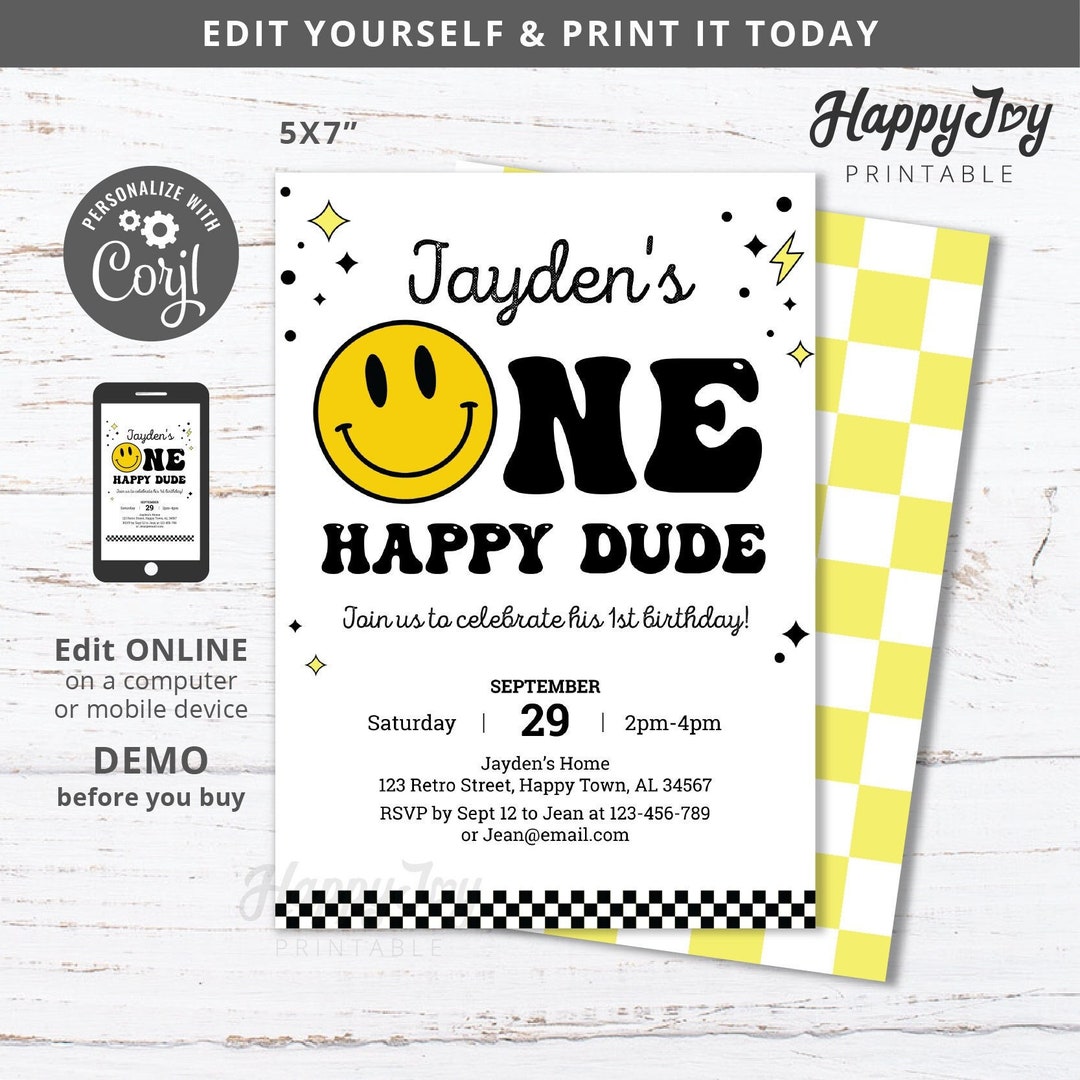 Smiley Face ONE Happy Dude Invitation, Boys 1st Birthday Party Invite ...