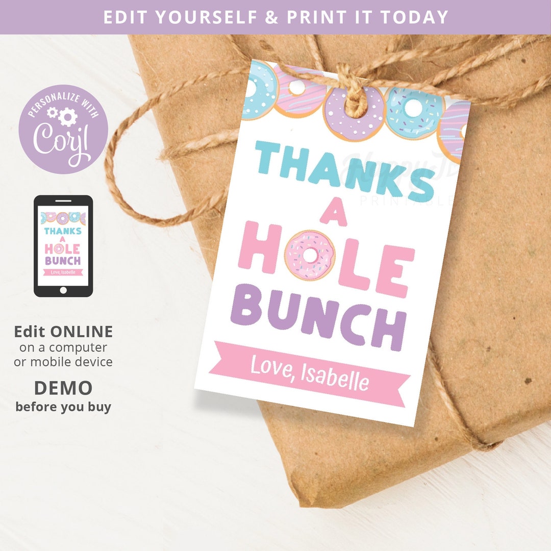 Thanks a Hole Bunch Donut Party Favor Tag 2x3 Printable, Sweet Thank ...