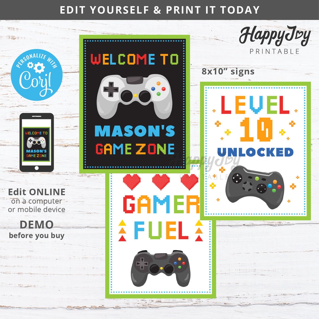 Game Welcome Party Signs 8x10, Console Video Gaming Boy Level up ...