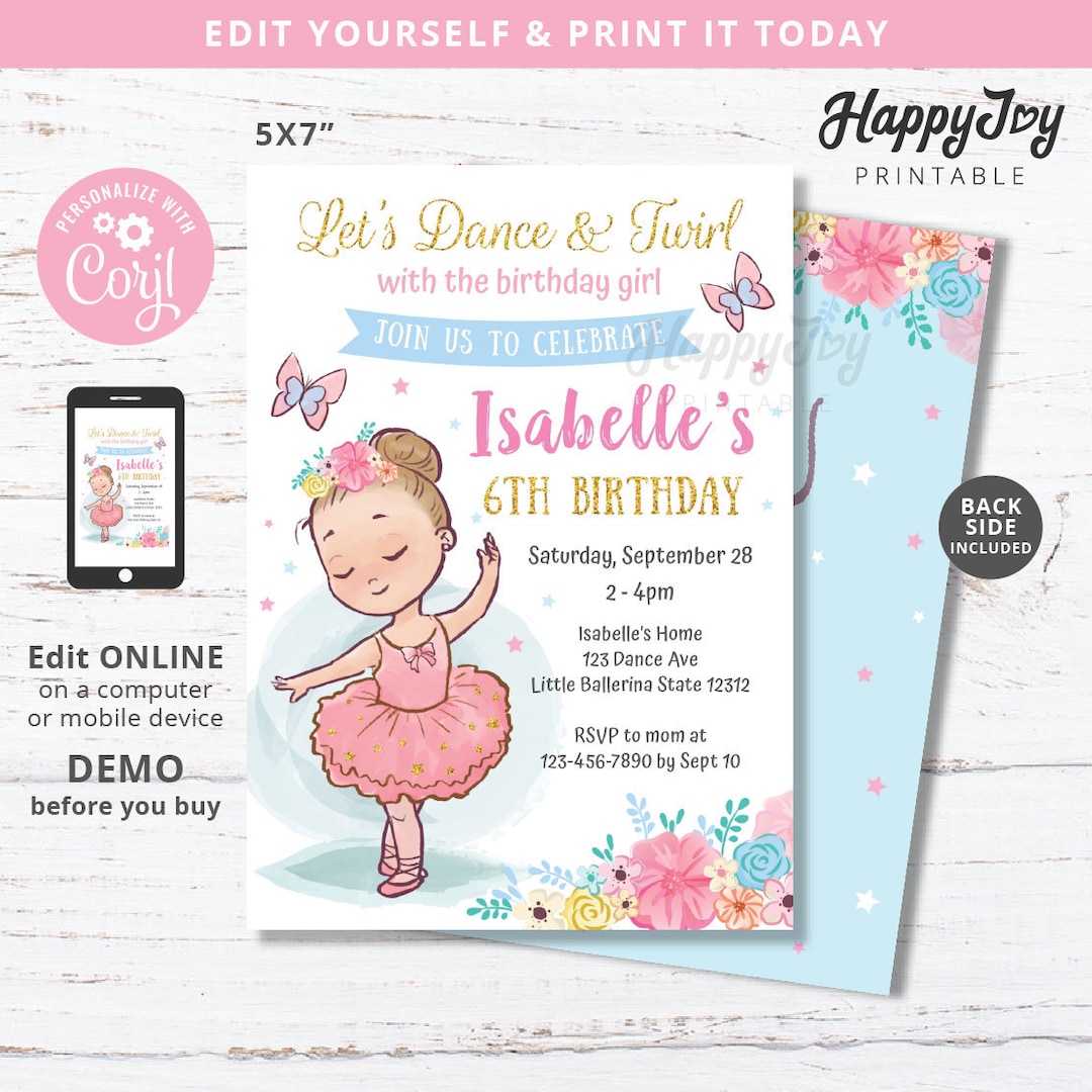 Ballerina Birthday Invitation, Girls Ballet Dance Party Invite, Pink ...