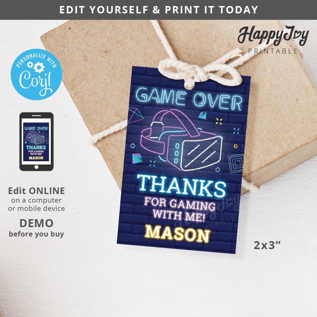 VR Game Favor Tag, Game Over Thank You Label 2x3 Printable Neon Blue ...