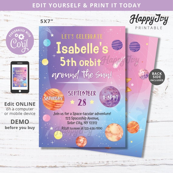 Outer Space Girls Birthday Invitation, Planet Solar System Orbit ...