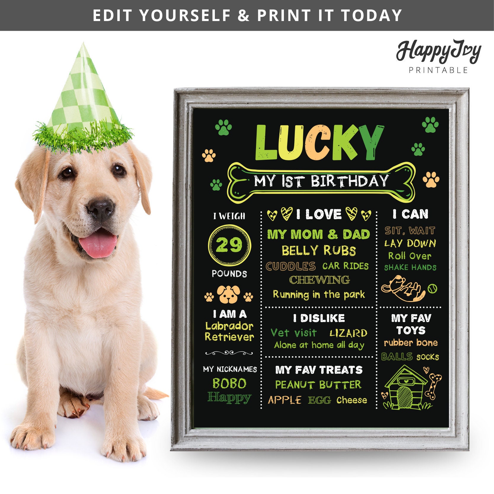 Dog Puppy Birthday Chalkboard, Pet Party Milestone Poster, 16x20, 11x14 ...