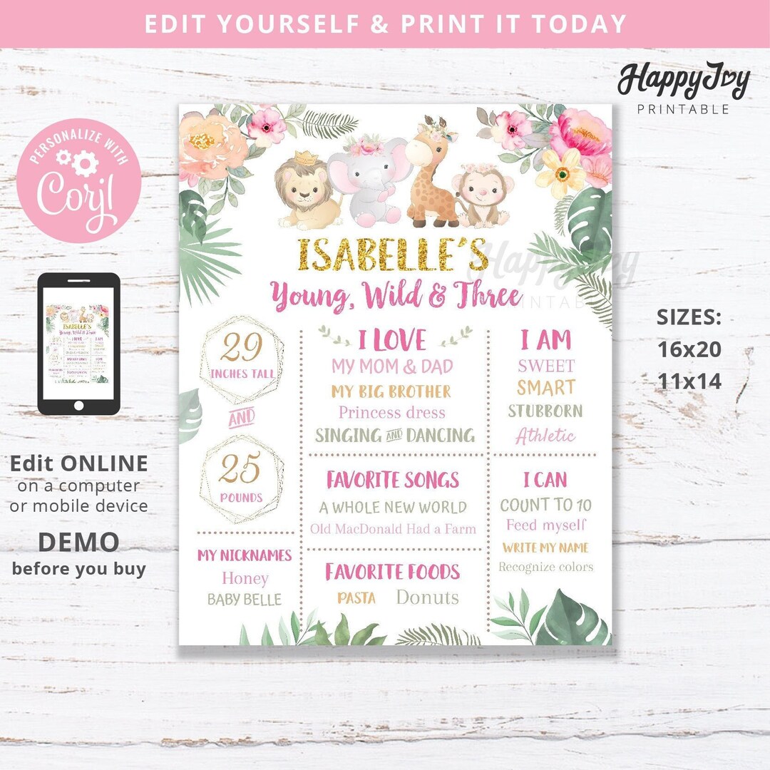 Girl Safari Birthday Milestone Board Poster, Floral Jungle Wild Animals ...