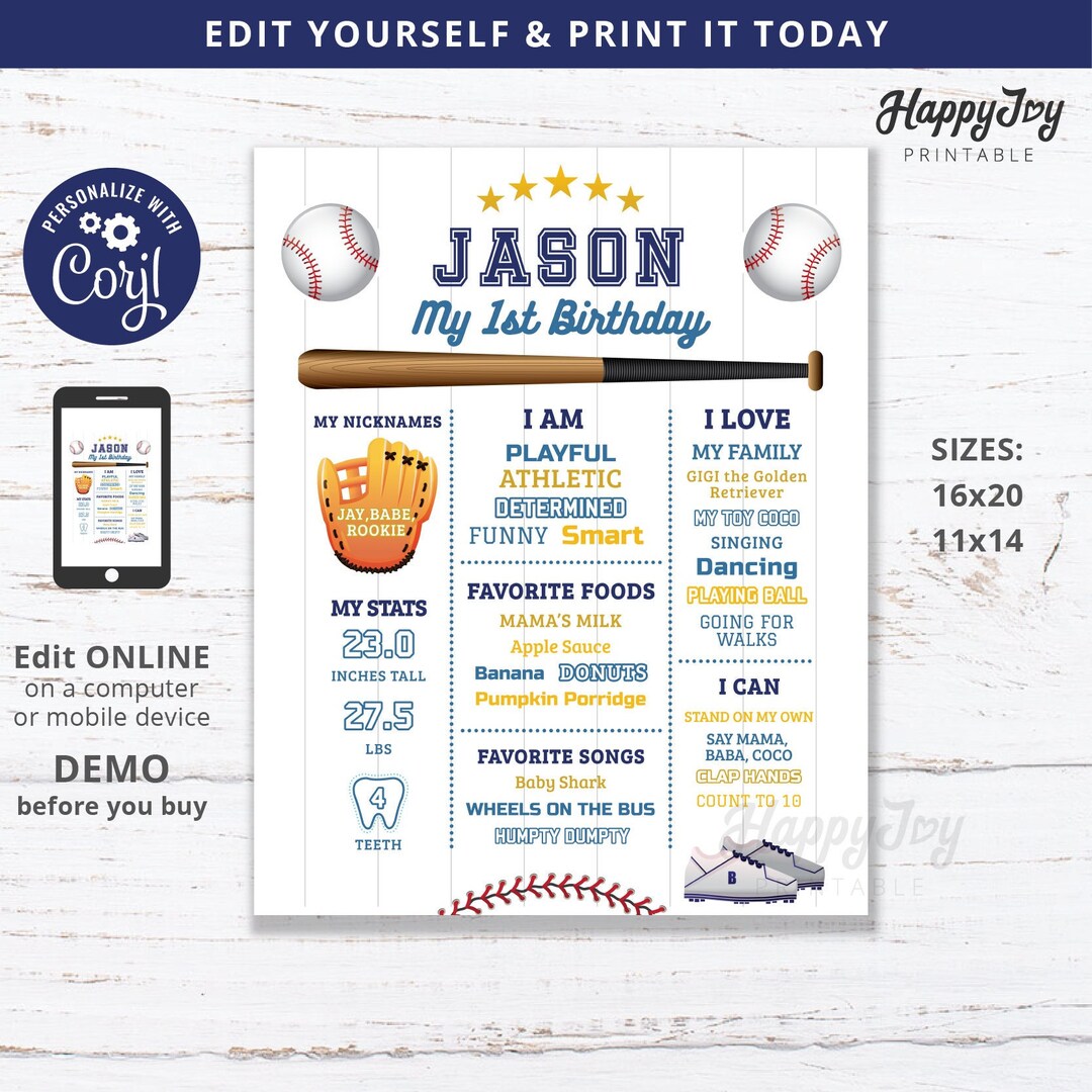 Baseball First Year Milestone Poster, Boy Base Ball 1st 2nd 3rd ...
