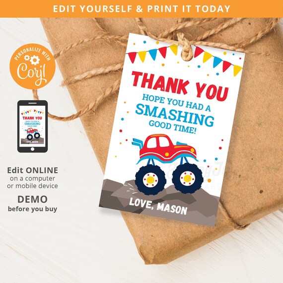Monster Truck Favor Tag Digital Printable 2x3, Smashing Racing Car Boy ...
