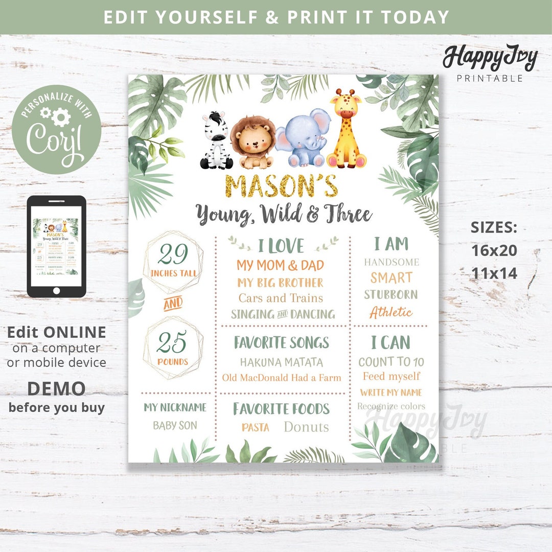 Safari Birthday Milestone Board Poster, Boy Jungle Wild Animals, Any ...