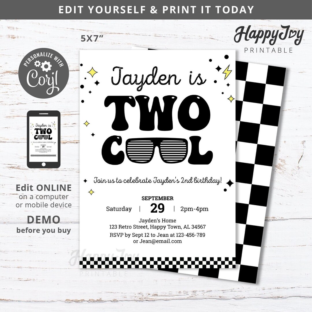 TWO Cool Invitation, Boys 2nd Birthday Invite Black White, Retro Groovy ...