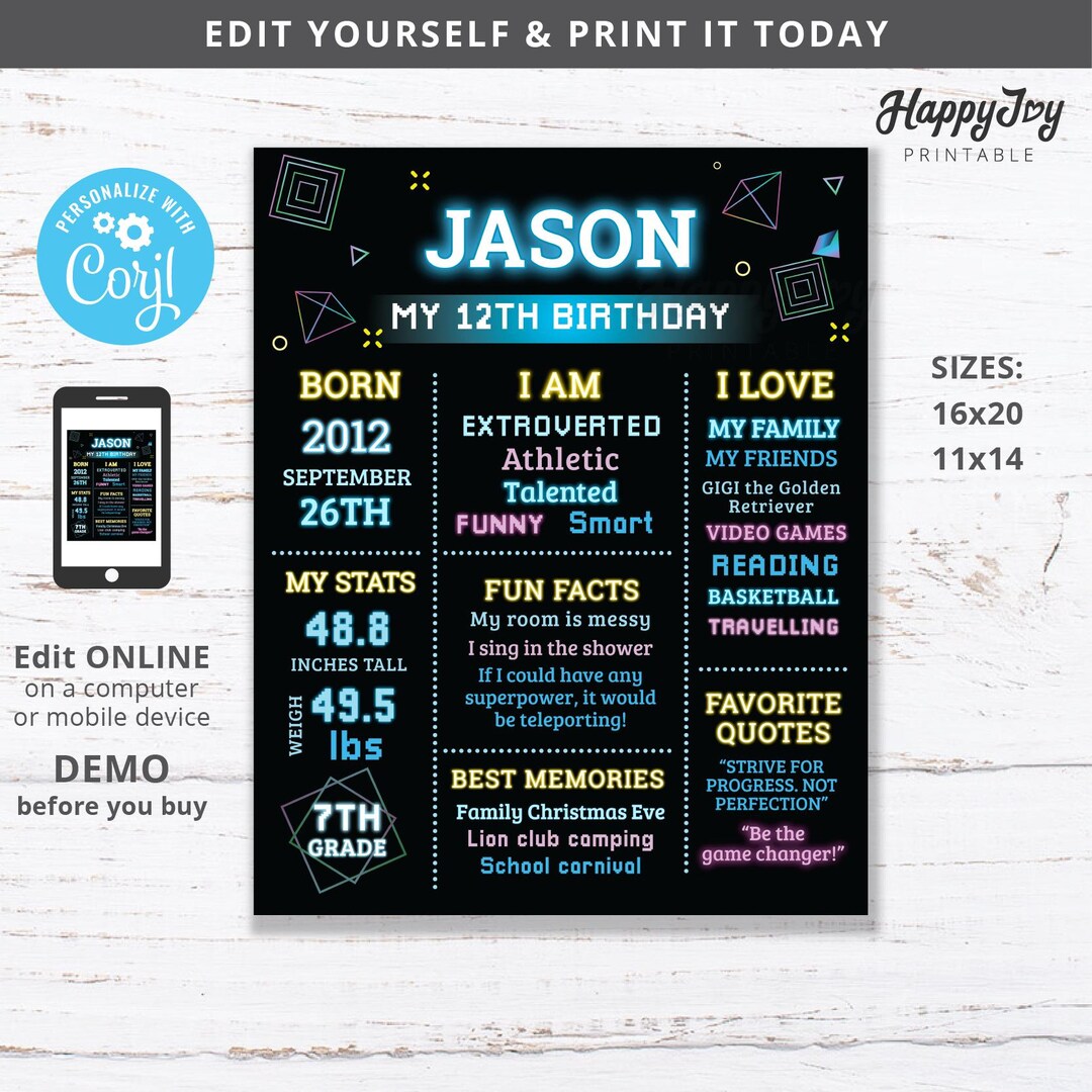 Teenage Boy Milestone Board Poster Sign, Teenager Neon Birthday ...
