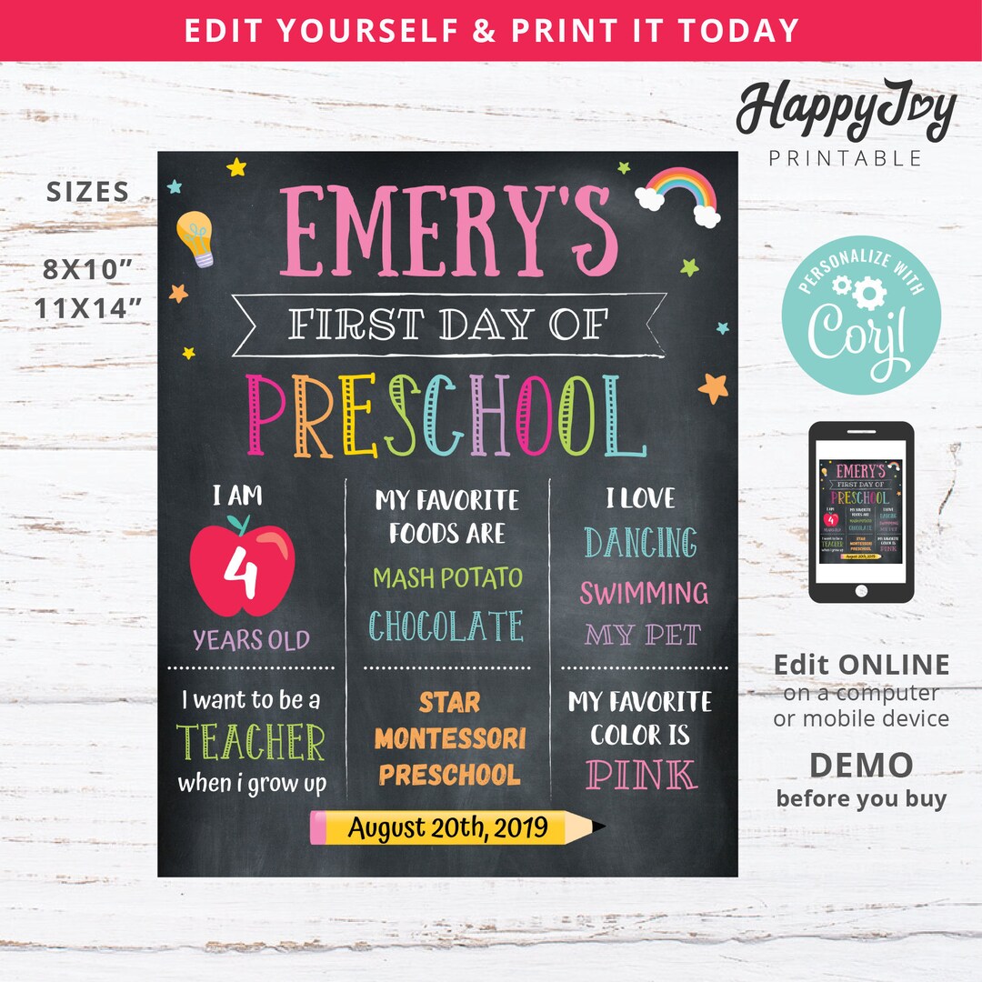 Back to School Poster DIY Printable, Girls First or Last Day Preschool ...