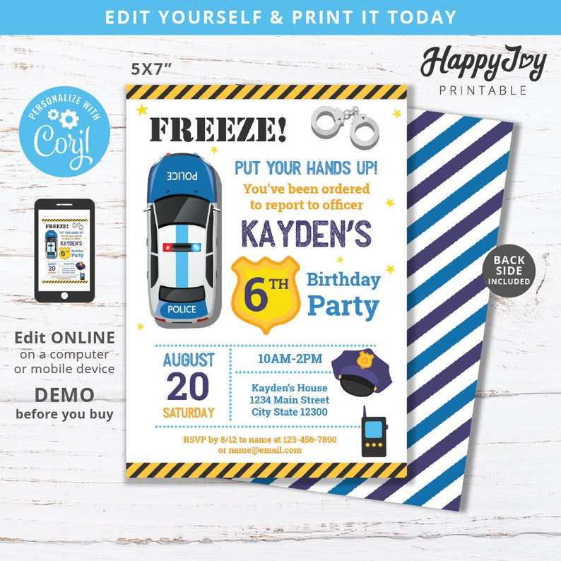 Police Birthday Invitation Policeman Cop Party Invite Freeze - Etsy
