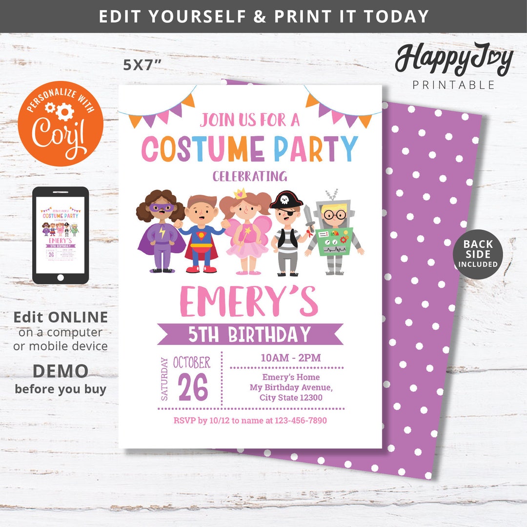 Costume Party Invitation, Kids Girl Costume Birthday Invite Printable ...