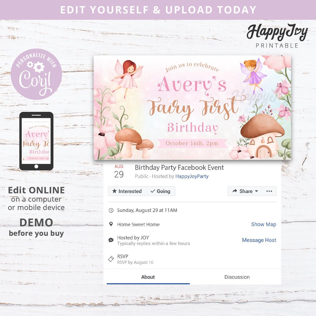 Fairy First Birthday Facebook Event Banner, Girls Fairy 1st Birthday ...