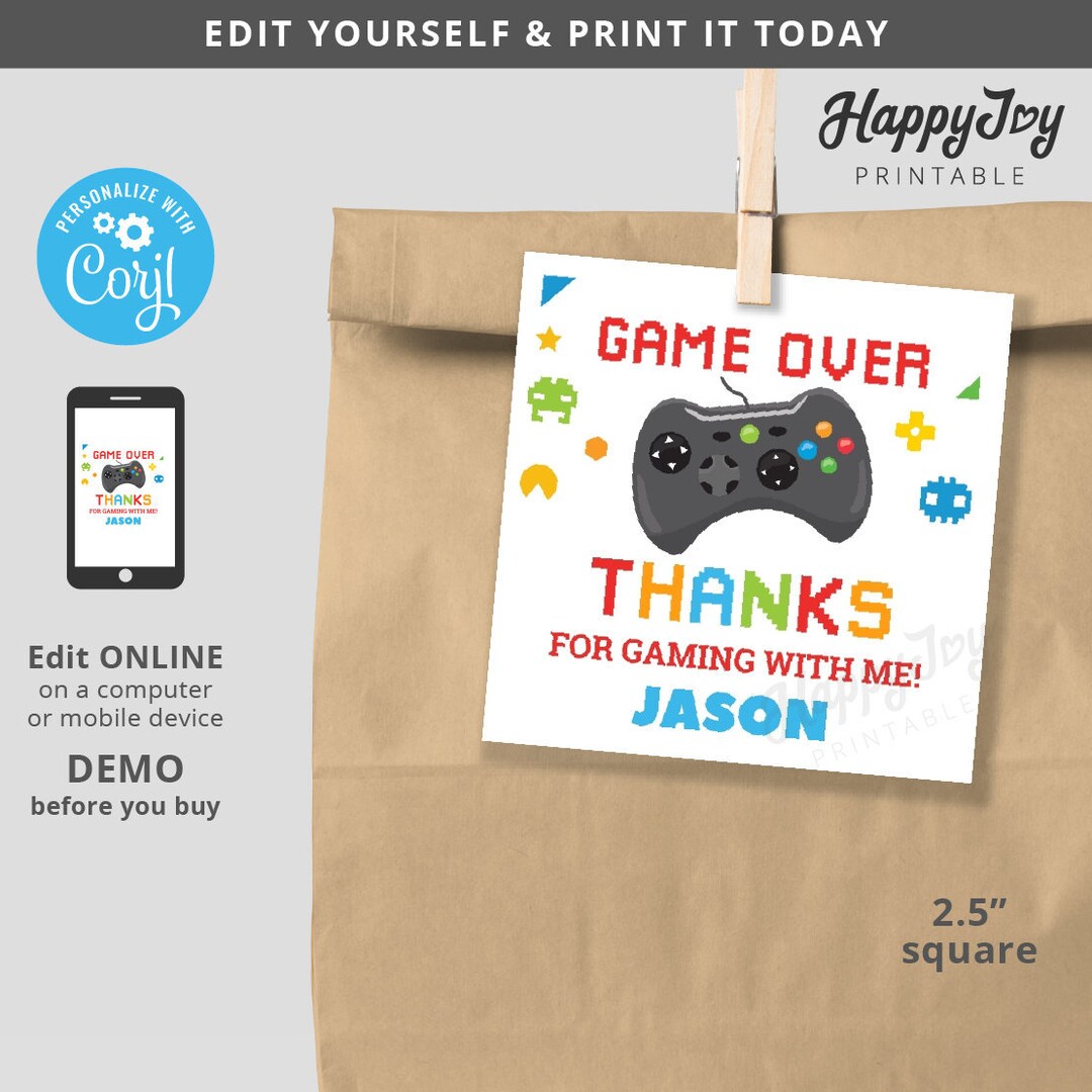 Game Over Favor Tag 2.5", Video Game Controller Thank You Label Tag ...