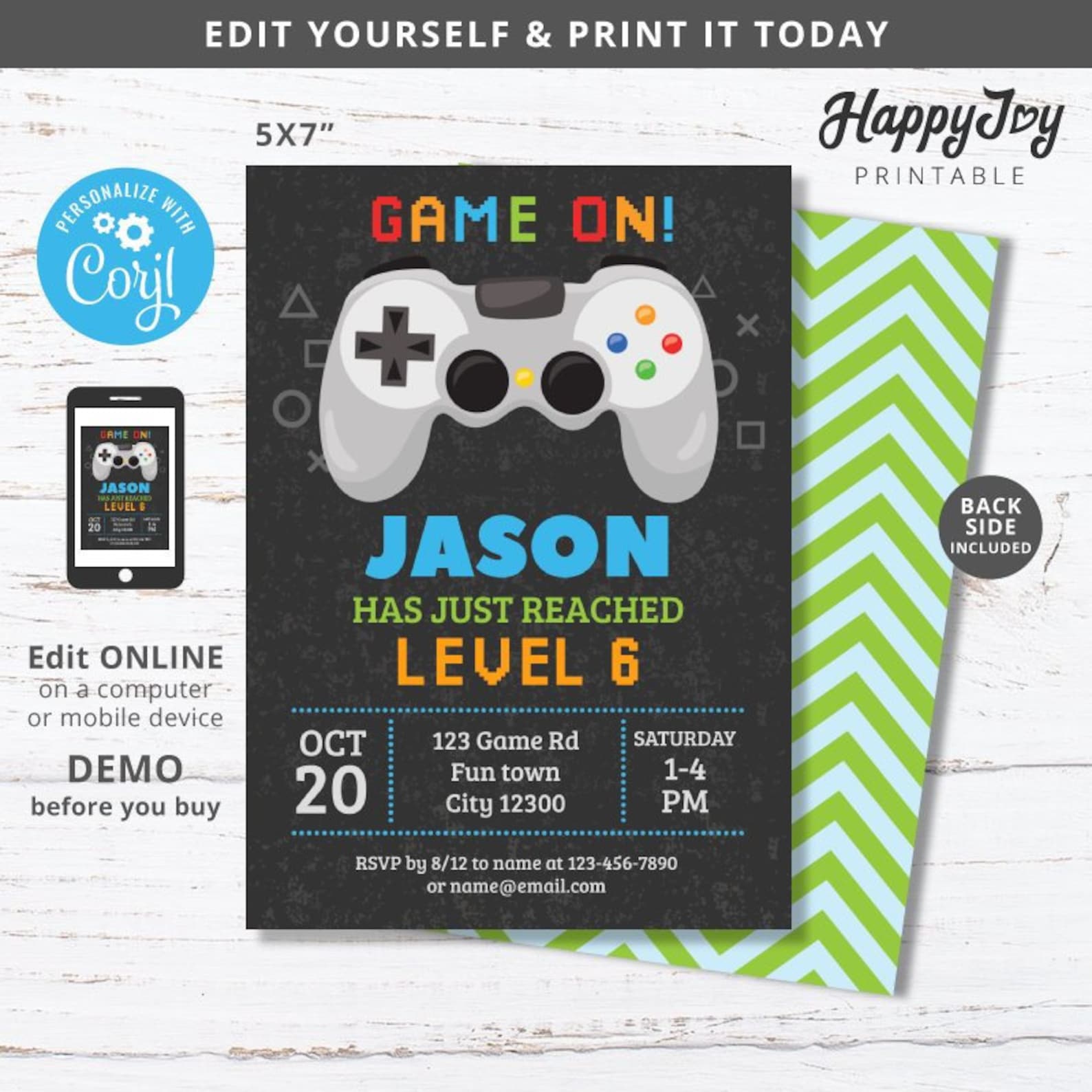 Console Game Party Invitation, Boys Video Gaming Birthday Invite, Dark ...